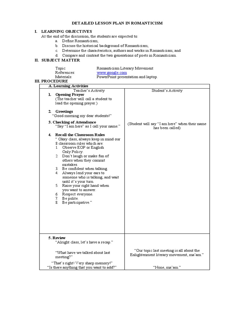 Detailed Lesson Plan in Romanticism I. Learning Objectives | PDF ...