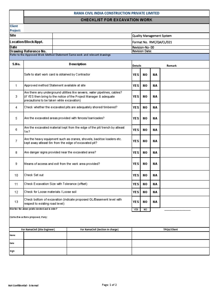 Checklist For Excavation & Backfilling Work | PDF