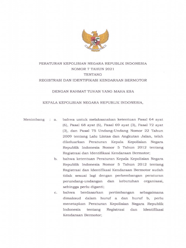 PERATURAN KEPOLISIAN TENTANG REGISTRASI DAN IDENTIFIKASI KENDARAAN ... PERATURAN KEPOLISIAN TENTANG REGISTRASI DAN IDENTIFIKASI KENDARAAN ...