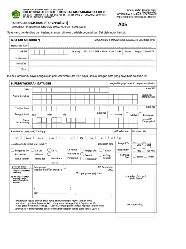 Formulir Registrasi PTK Kemenag RI | PDF