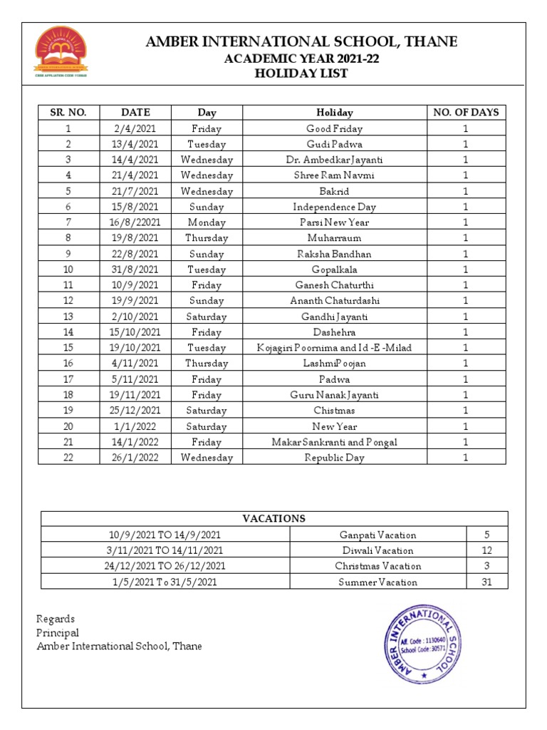 Amber International School, Thane: ACADEMIC YEAR 2021-22 Holiday List ...