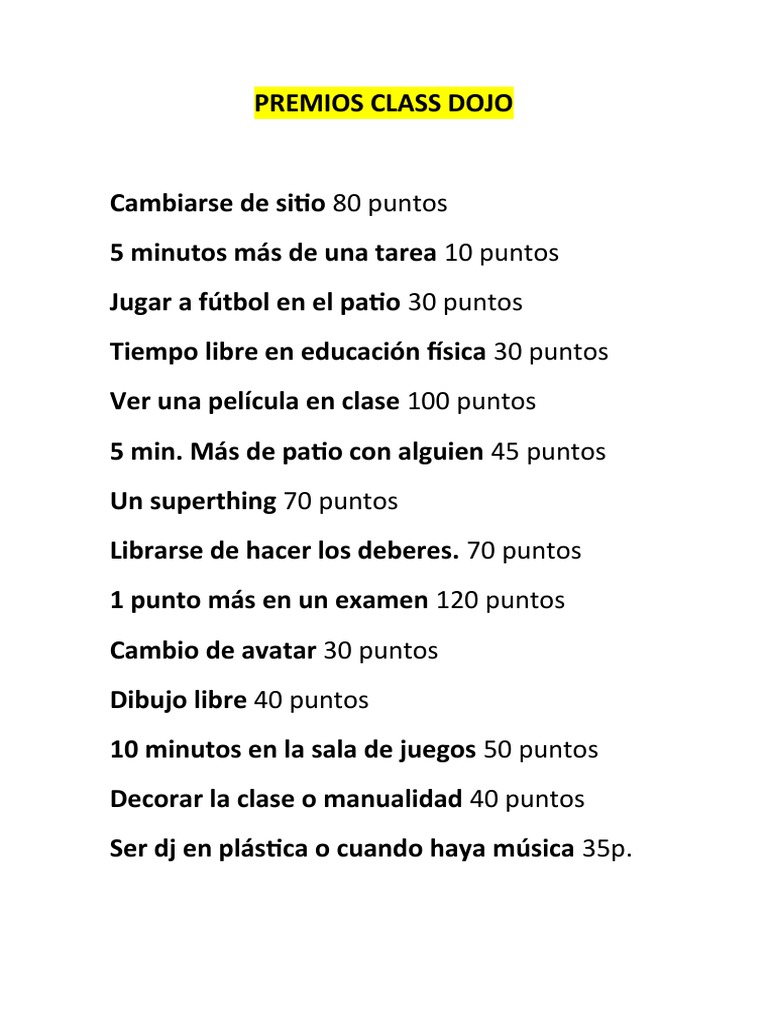Premios Class Dojo | PDF