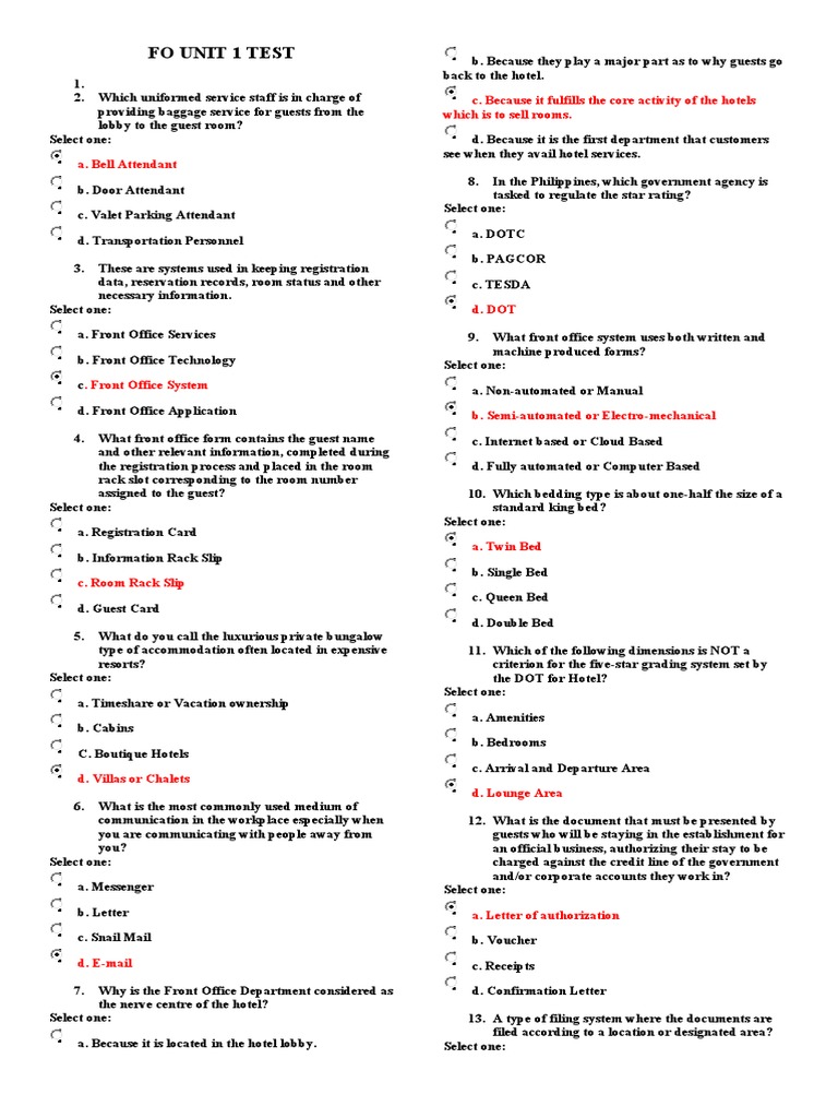 Tesda - Fo Unit 1 Test | PDF | Hotel | Credit Card