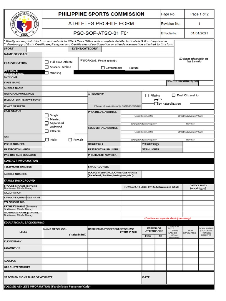 Athlete Profile Form Template | PDF | Government | Government And ...