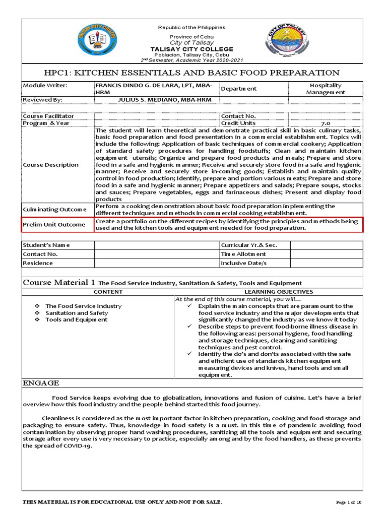 Hpc1: Kitchen Essentials and Basic Food Preparation: Talisay City ...