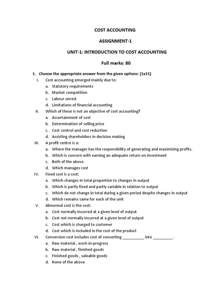 Cost Acc Unit 1 Assignment | PDF | Cost Accounting | Cost
