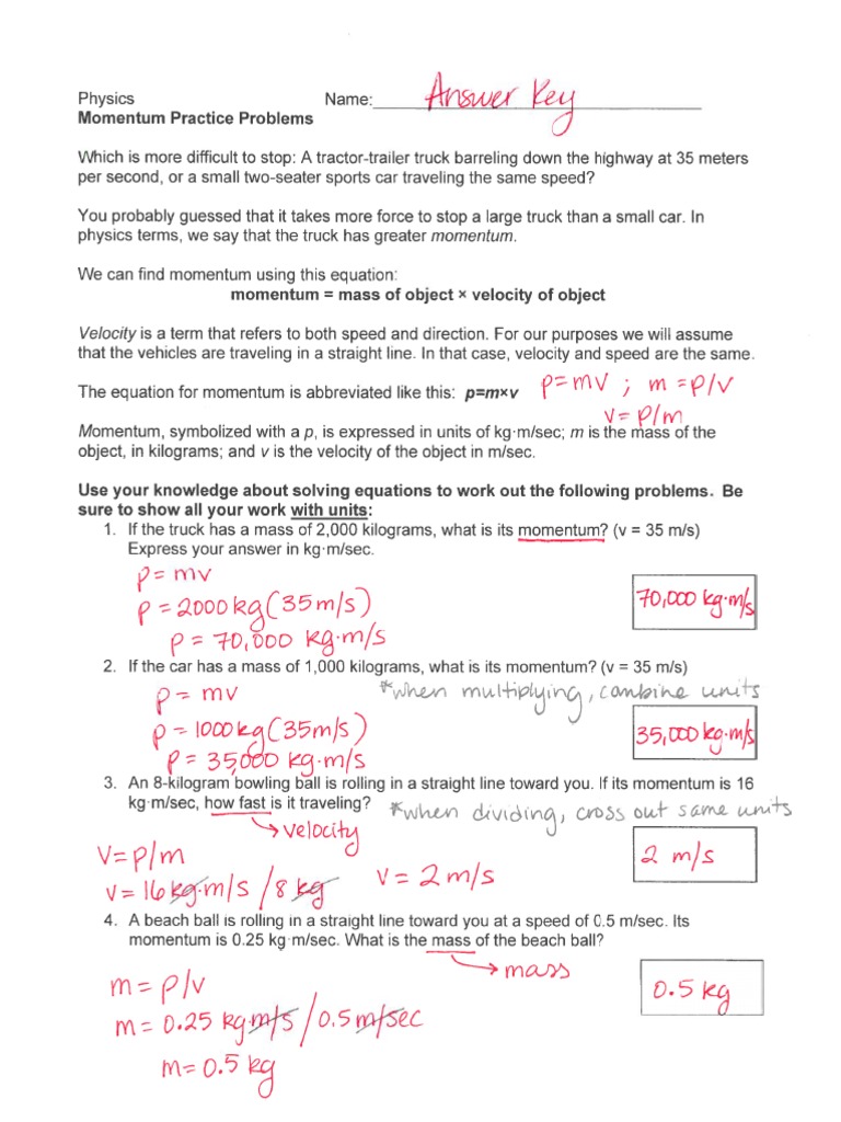 Momentum Practice Problems ANSWER KEY | PDF