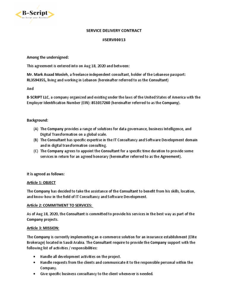 Service Delivery Contract Agreement | PDF | Consultant | Business