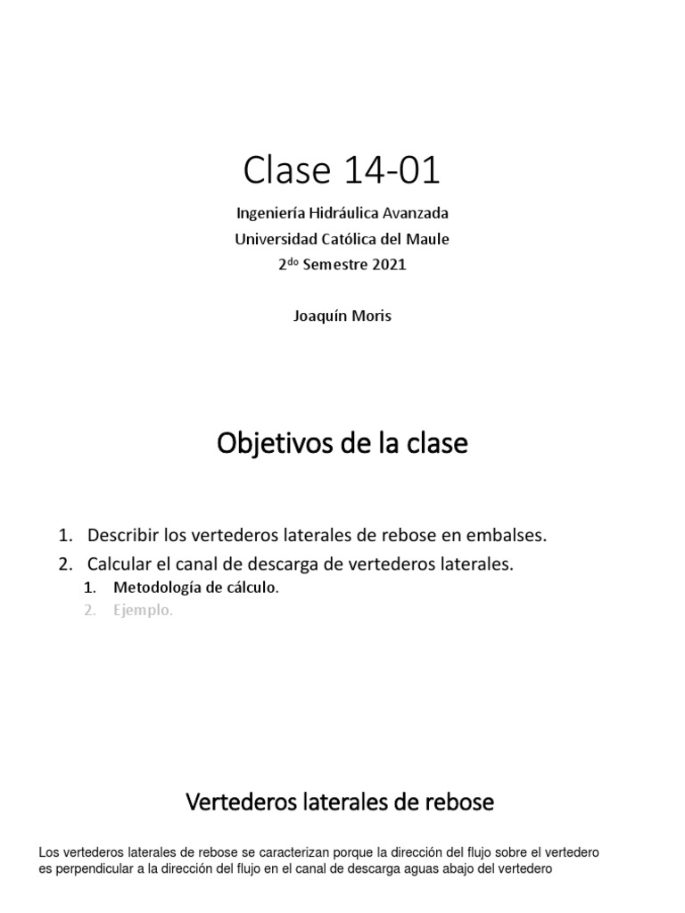 Clase 14 Vertedero Lateral | PDF | Mecánica | Física Aplicada e ...