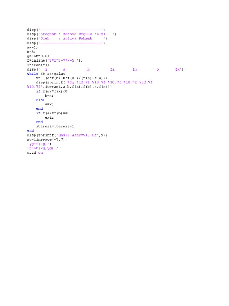 Contoh Script Matlab Untuk Akar Persamaan Non Linier Dengan Metode Regula Falsi | PDF | Metode ...