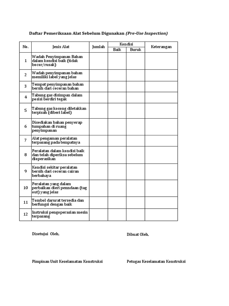 Form Daftar Pemeriksaan Alat Sebelum Digunakan | PDF