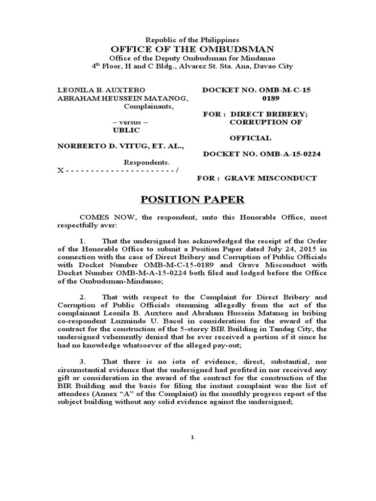 Office of The Ombudsman: Position Paper | PDF | Bribery | Consideration