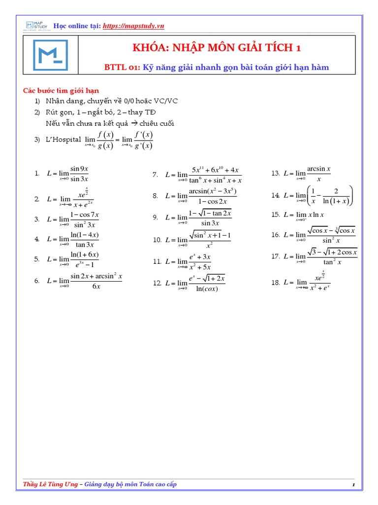 (Mapstudy.vn) BTTL - Kỹ năng giải nhanh gọn bài toán tìm giới hạn của hàm số - Lê Tùng Ưng | PDF