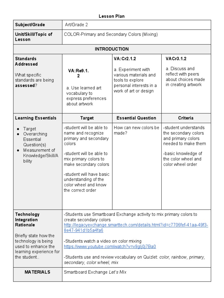 Grade 2 Color Mixing Lesson Plan | PDF | Lesson Plan | Learning