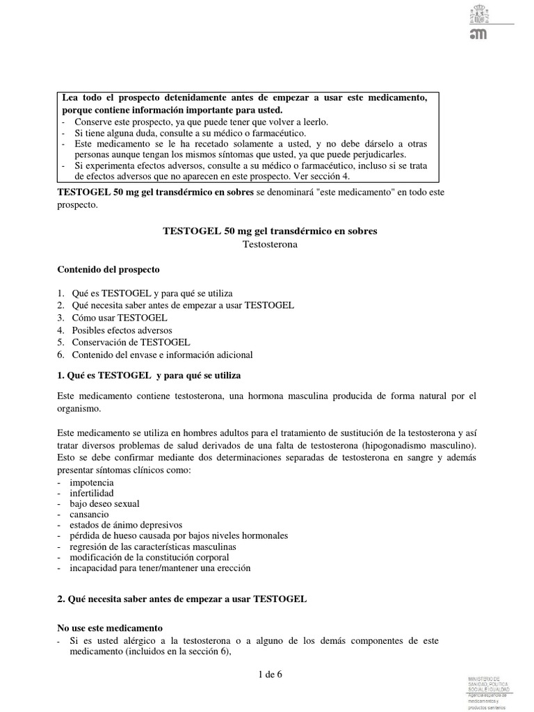 TESTOGEL 50 MG Gel Transdérmico en Sobres: Testosterona | PDF ...