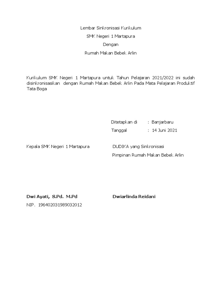Lembar Sinkronisasi Kurikulum 2021 | PDF