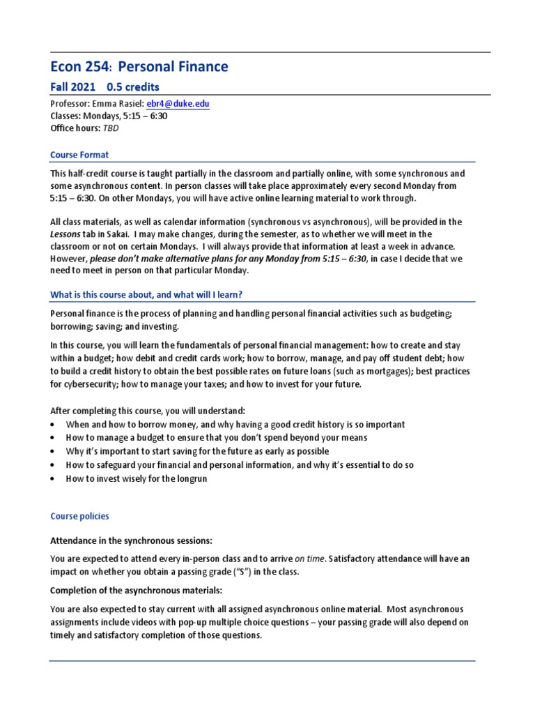 Personal Finance Syllabus | PDF | Finance & Money Management | Credit