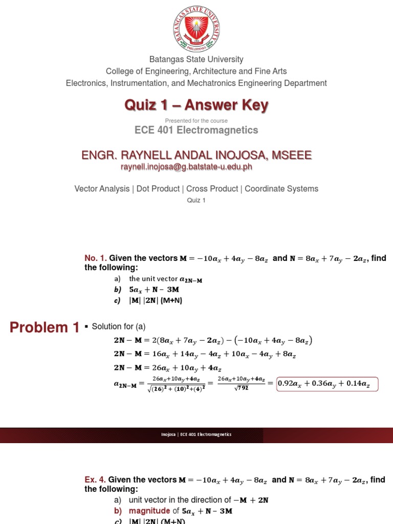 (ECE 401) Quiz 1 - Answer Key | PDF | Euclidean Vector | Linear Algebra