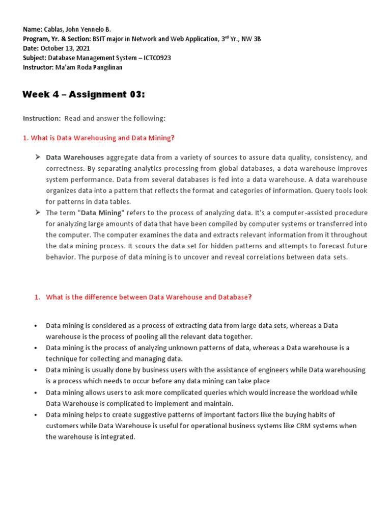 Week 4 - Assignment 03:: Instruction: Read and Answer The Following ...