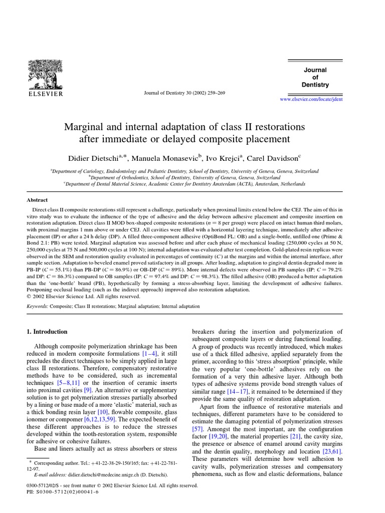 Dietschi D Et Al 2002 Marginal And Internal Adaptation Of Class Ii Restorations After