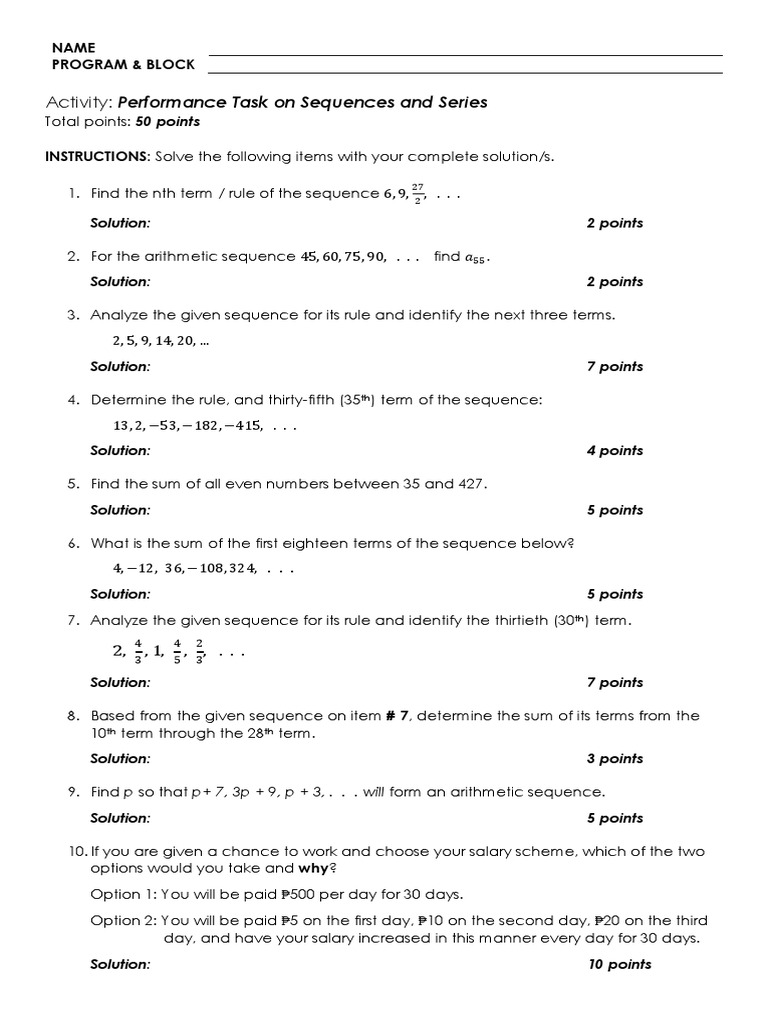 SEQUENCES AND SERIES PERFORMANCE TASK | PDF