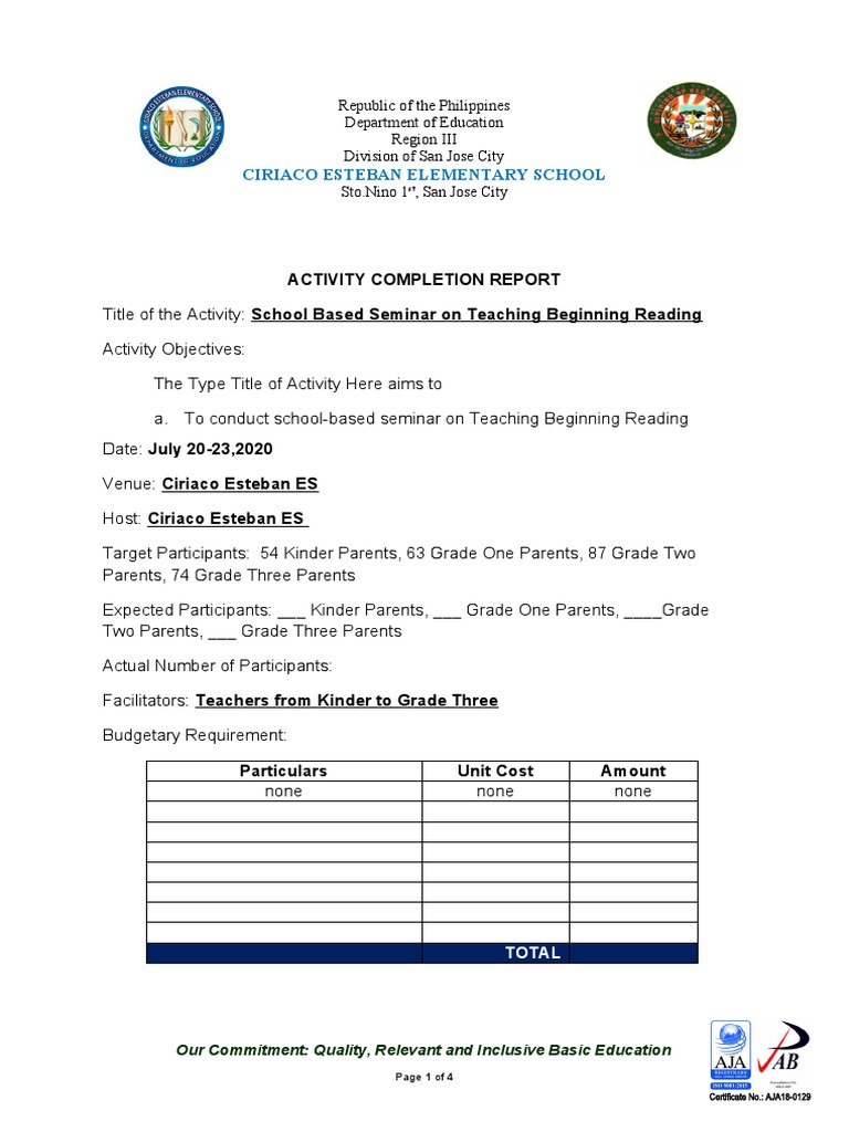 Ciriaco Esteban Elementary School: Activity Completion Report | PDF ...