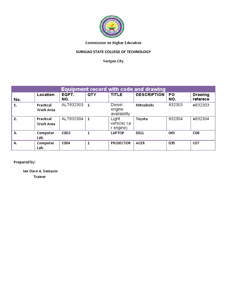 Equipment Record With Code and Drawing | PDF
