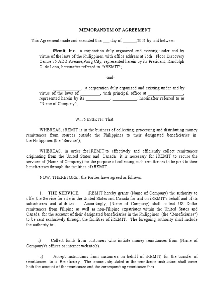 iRemit Money Transfer Agreement | PDF | Indemnity | Fee