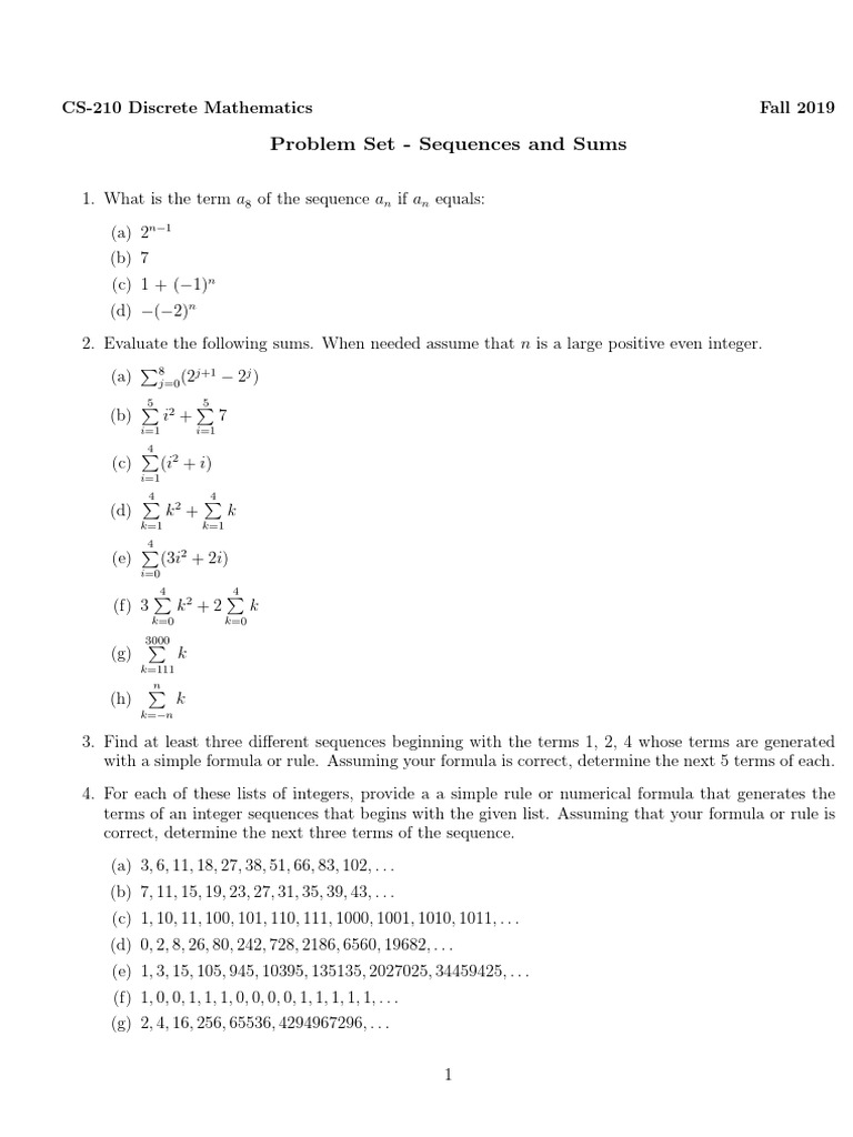 Problem Set - Sequences and Sums | PDF | Summation | Sequence