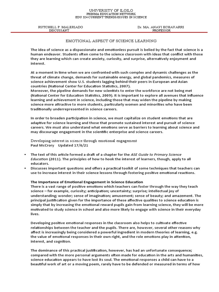 Emotional Engagement in Science Learning | PDF | Emotions | Attention
