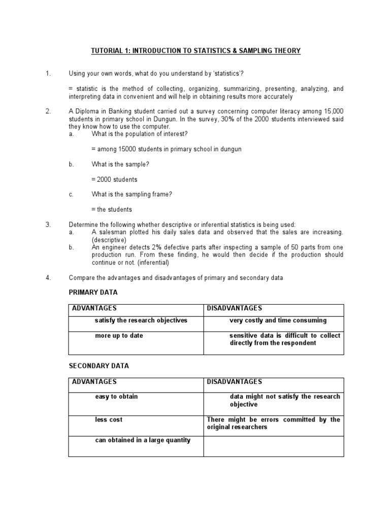 Sta104 Tutorial 1 | PDF | Sampling (Statistics) | Survey Methodology