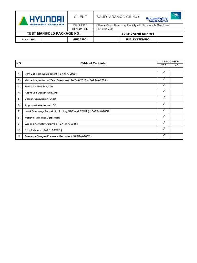 Test Manifold Package No:: Client Saudi Aramco Oil Co | PDF | Tap ...