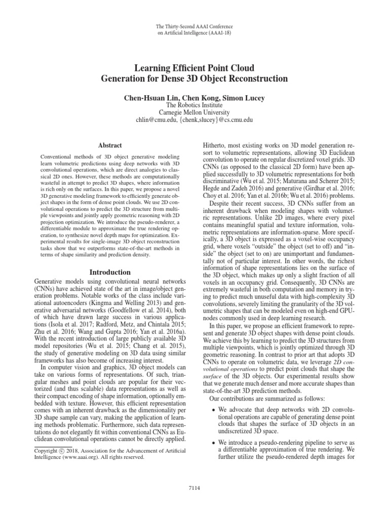 Learning Efficient Point Cloud Generation For Dense 3D Object Reconstruction | PDF | 3 D ...