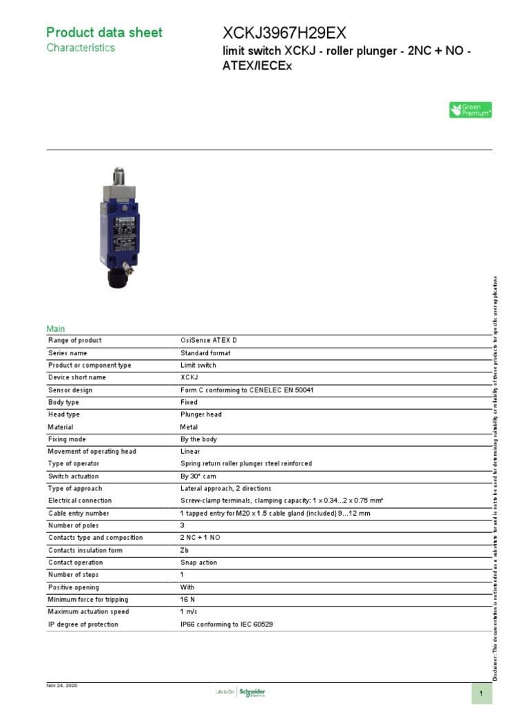 ATEX Certified Limit Switch XCKJ3967H29EX | PDF | Switch | Electromagnetism