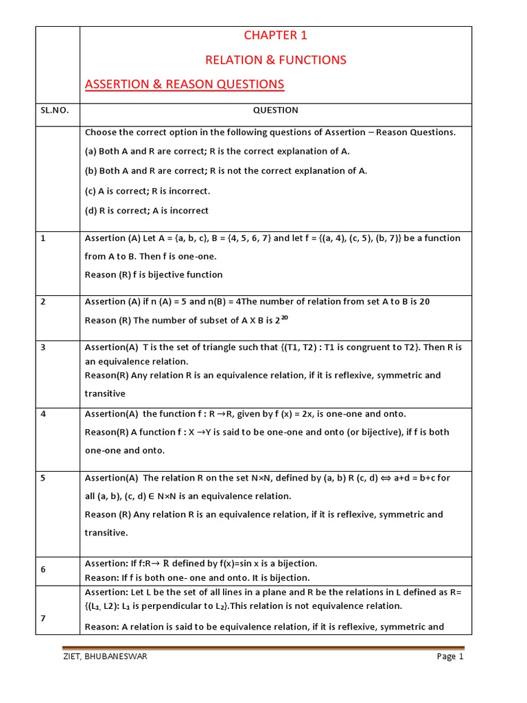 Relation & Functions Assertion & Reason Questions: Ziet, Bhubaneswar | PDF | Function ...