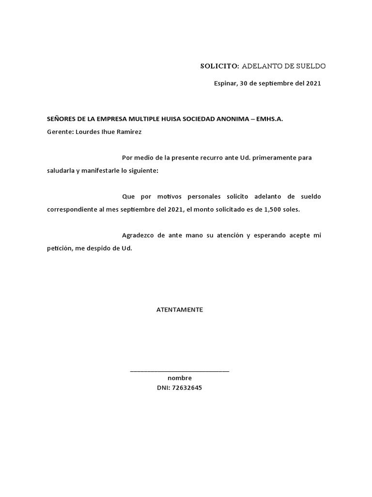 Solicitud Adelanto de Sueldo | PDF