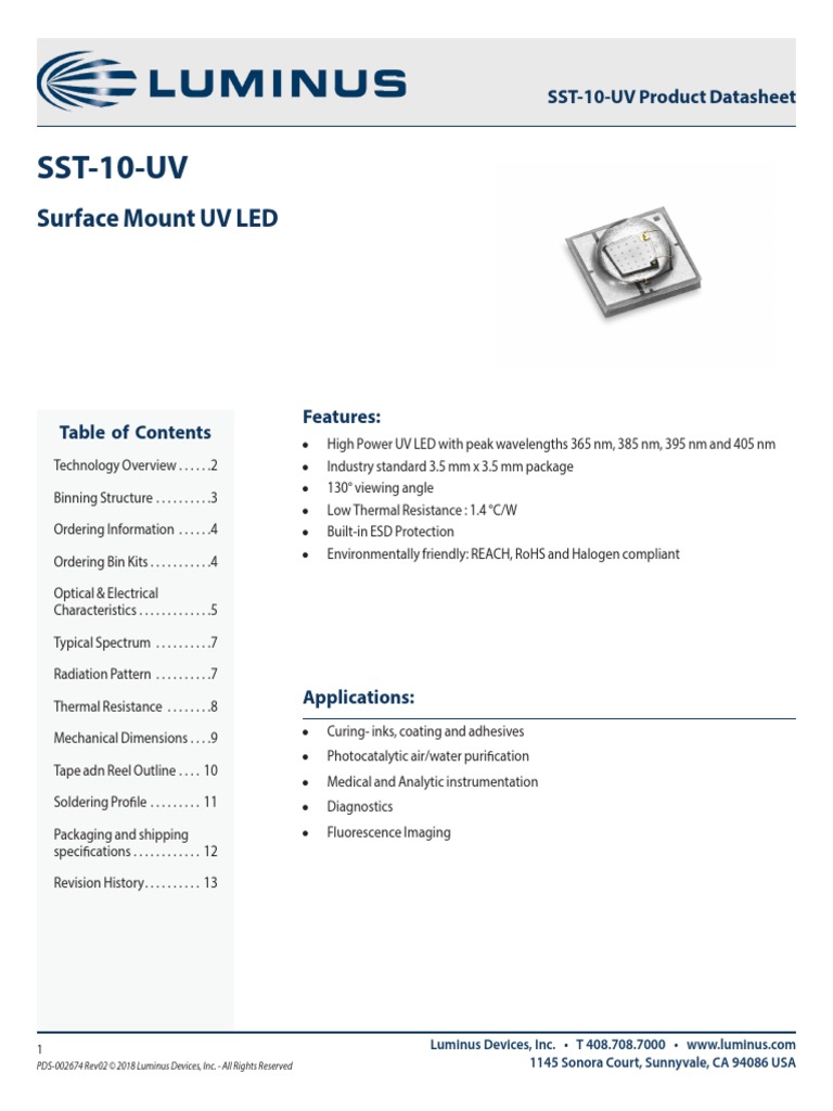 SST-10-UV: Surface Mount UV LED | PDF | Light Emitting Diode | Ultraviolet