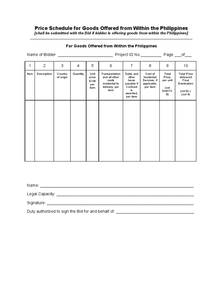 Price Schedule for Goods Offered from Within the Philippines | PDF