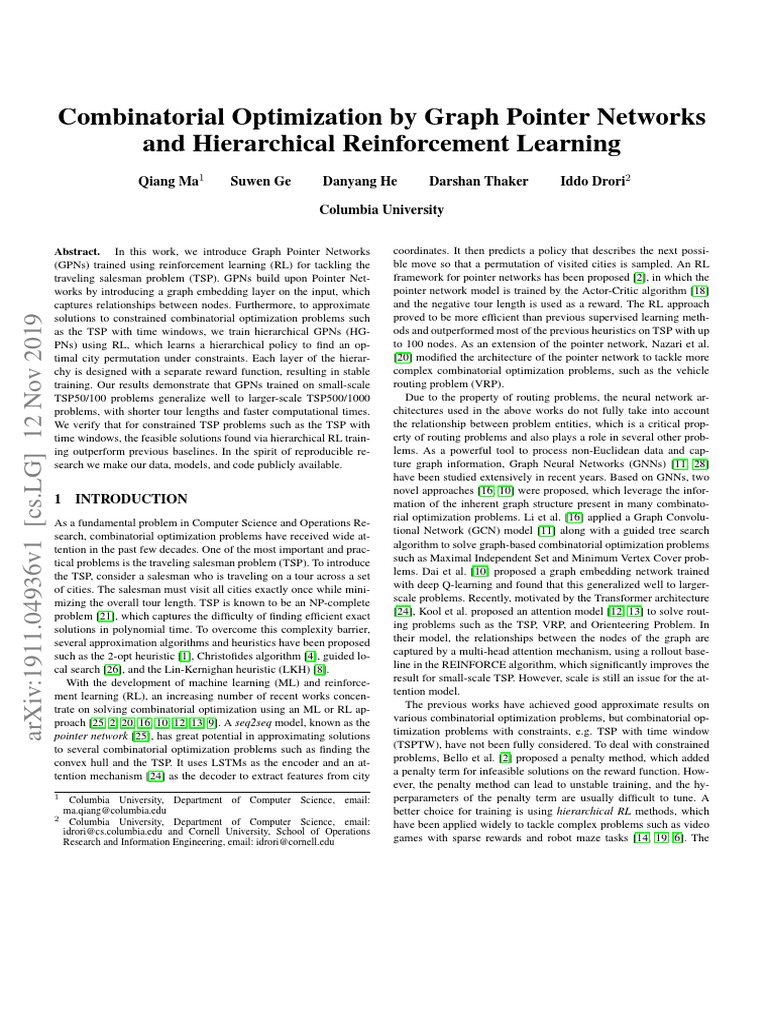 Combinatorial Optimization by Graph Pointer Networks and Hierarchical Reinforcement Learning ...