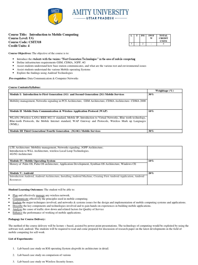 Course Title: Introduction To Mobile Computing Course Level: UG Course ...