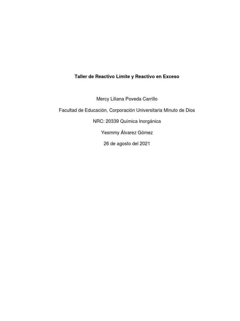 Taller 2 - Reactivo Límite y Reactivo en Exceso | Descargar gratis PDF ...