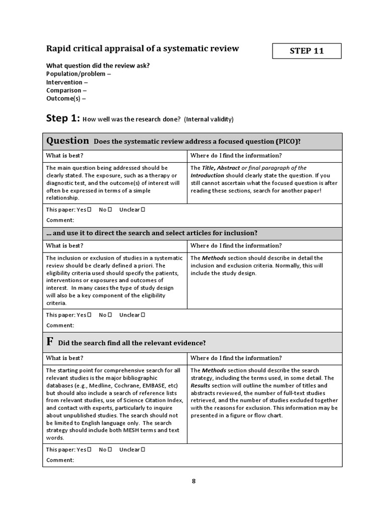 Step 1:: Rapid Critical Appraisal of A Systematic Review Step 11 | PDF ...