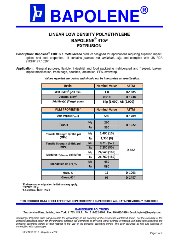 Bapolene: Linear Low Density Polyethylene Bapolene 410F Extrusion | PDF ...