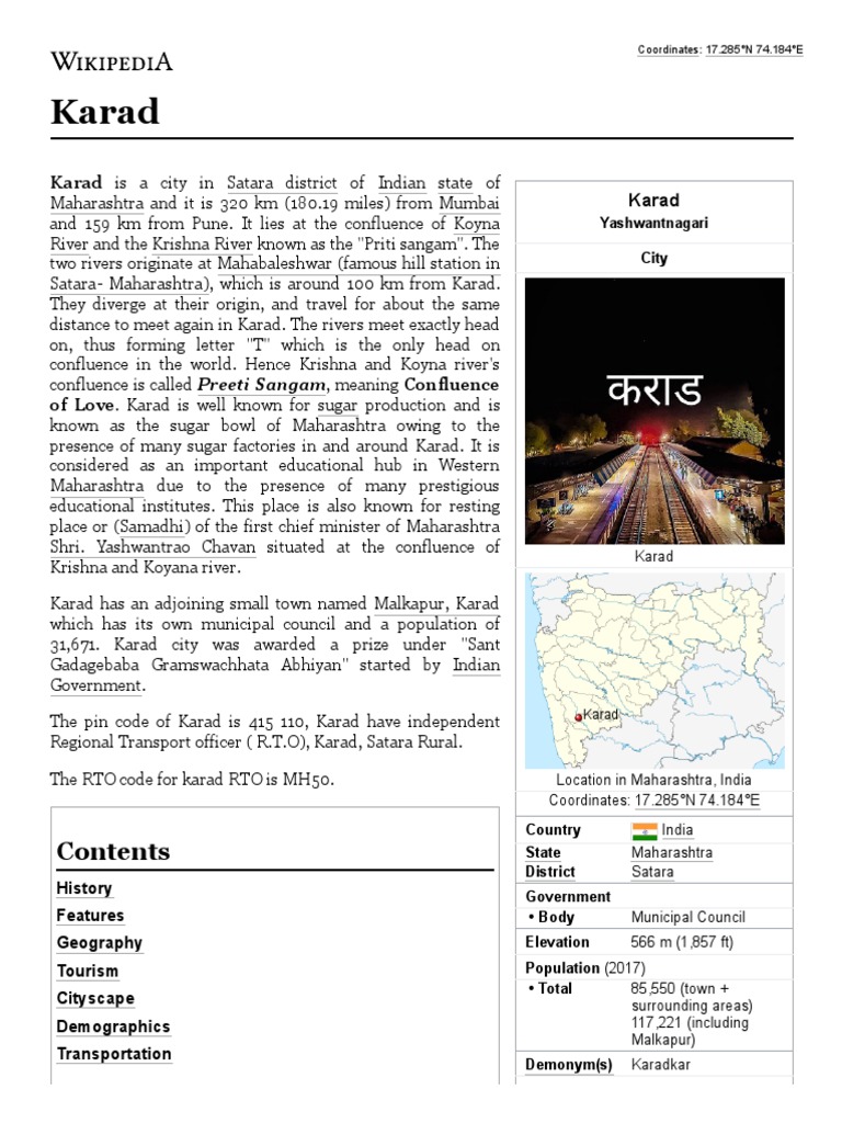 Karad: Karad Is A City in Satara District of Indian State of | PDF