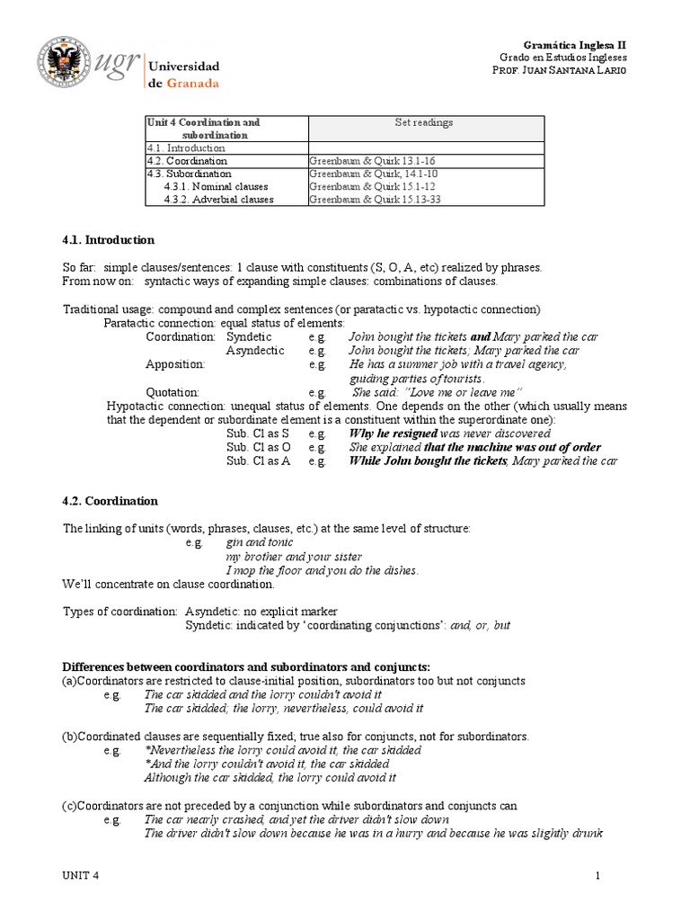 Unit 4 Coordination and Subordination | PDF | Clause | Cognition