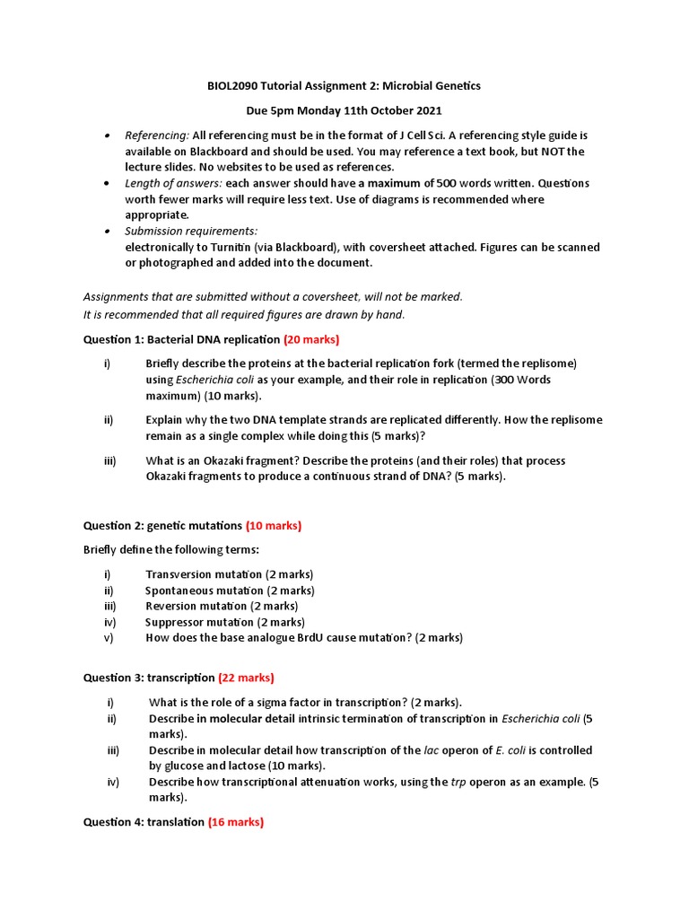 BIOL2090 Tutorial Assignment 2: Microbial Genetics Due 5pm Monday 11th ...