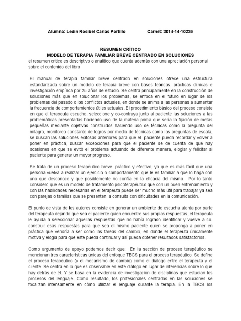 Resumen Critico, TBCS | PDF | Psicoterapia | Terapia familiar