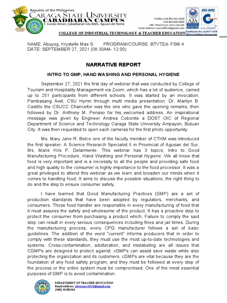 Narrative Report: Intro To GMP, Hand Washing and Personal Hygiene | PDF ...