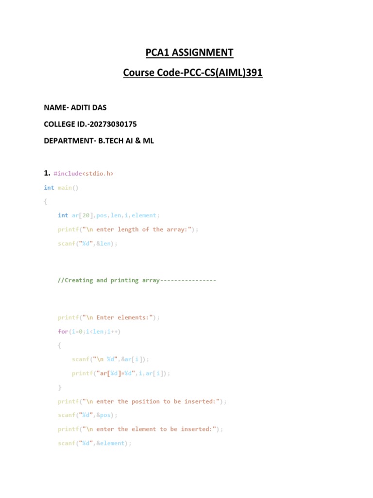 Pca1 Assignment Course Code-PCC-CS (AIML) 391: Name-Aditi Das COLLEGE ID.-20273030175 Department ...