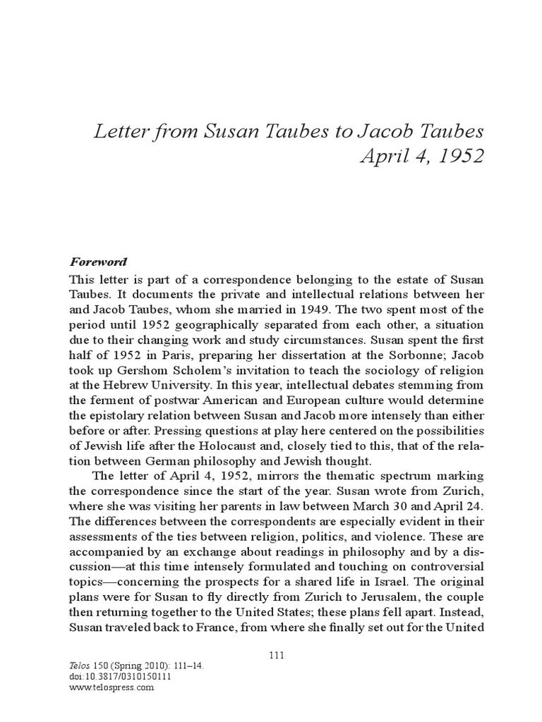Taubes, Susan - Letter To Jacob Taubes - April 4 1952 | PDF | Martin ...